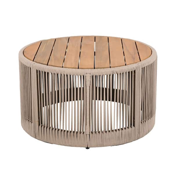 26 in. W Teak Round Acacia Wood Outdoor Coffee Table with Rattan Rope ...