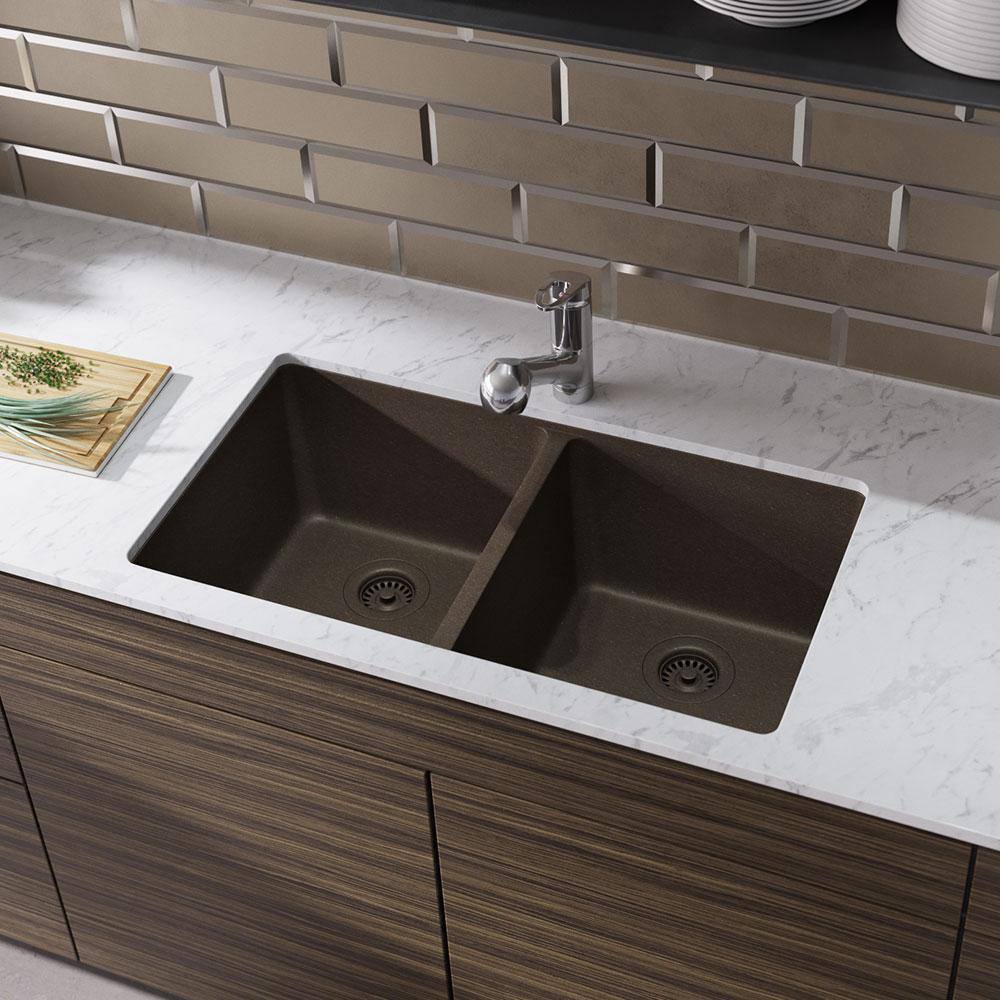 Rene Umber Granite Quartz 33 in. Double Bowl Undermount Kitchen Sink ...