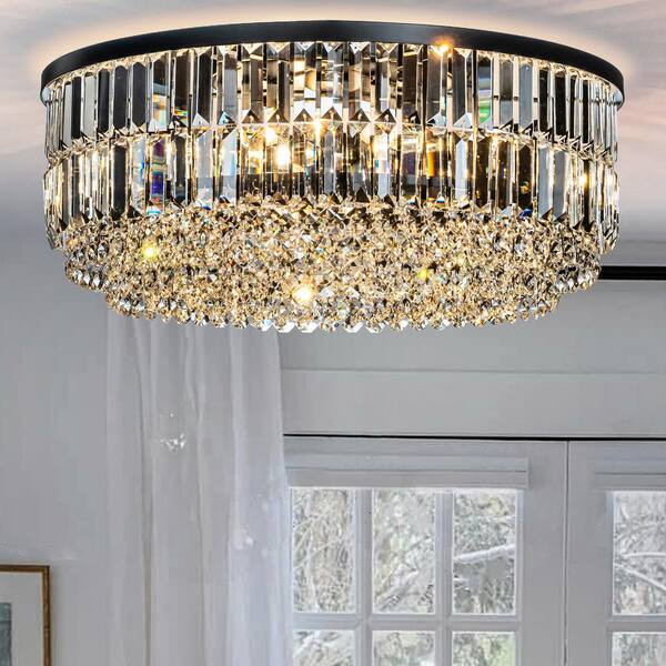 ALOA DECOR 24 in. 5-Lights Modern Glam Matte Black Round Flush Mount ...