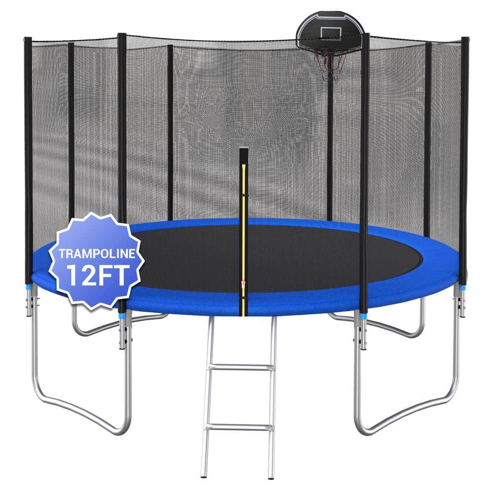 SUNRINX 12 ft. Blue Round Trampoline with Safety Enclosure Net and Basketball Hoop MG65-18-DSJ ...