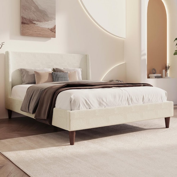 Harper & Bright Designs Ivory White Modern Wood Frame Boucle Fabric ...