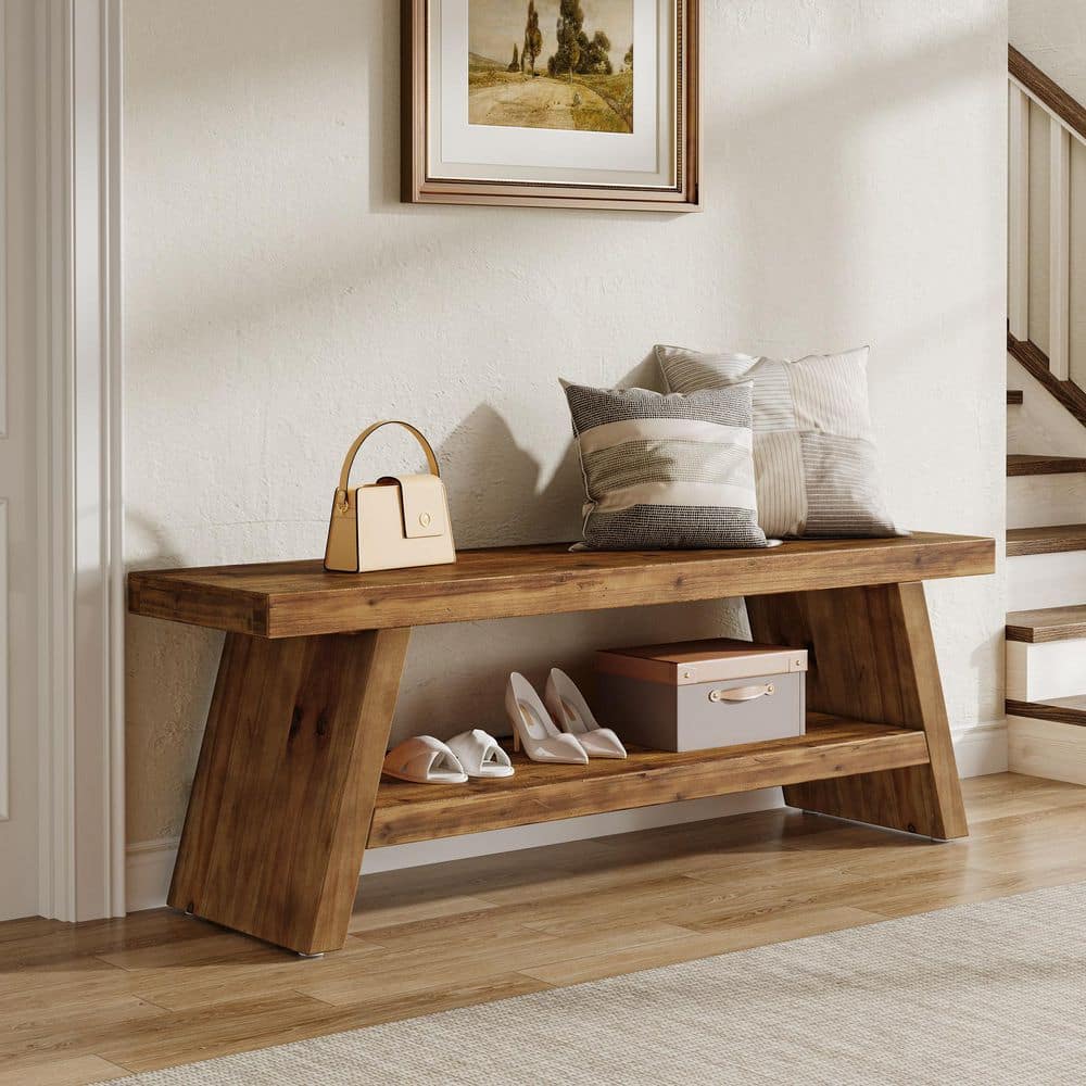 BYBLIGHT Brennan Solid Wood Brown Rectangal Foyer Entryway Bench 2 Open ...