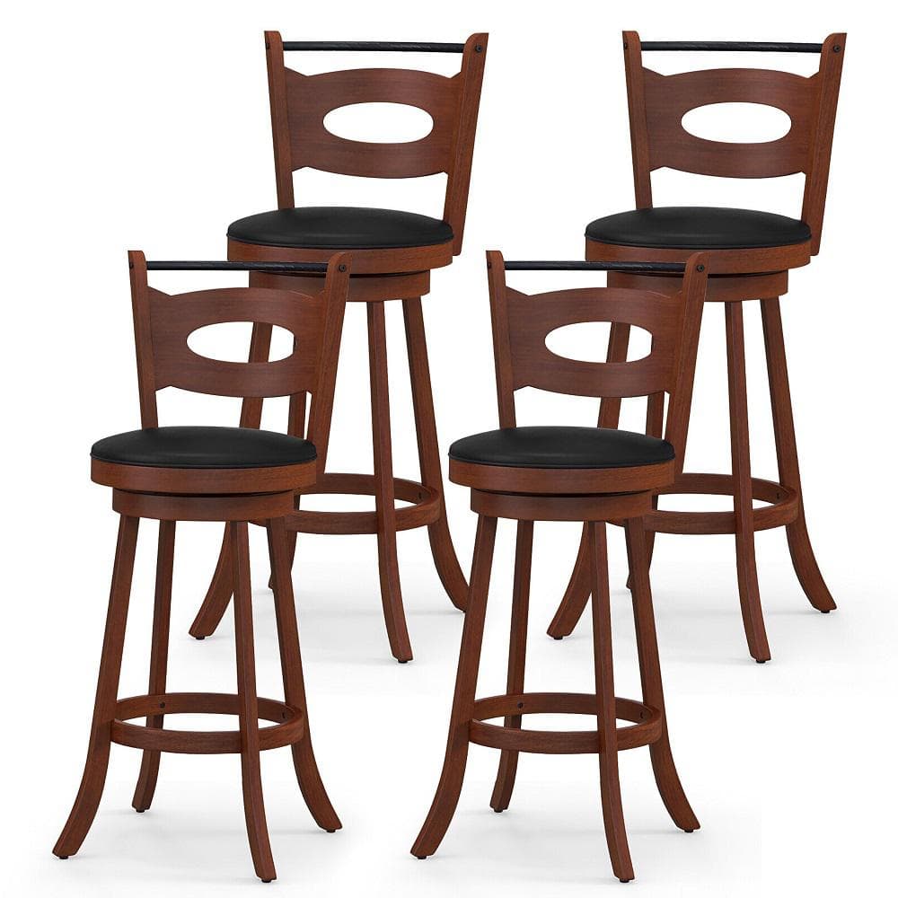 Gymax 4PCS 30 in. Brown & Black High Back Solid Rubber Wood 360° Swivel ...