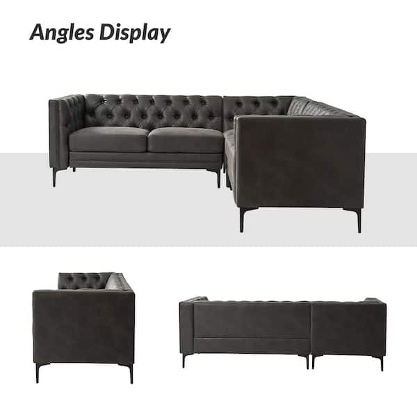 JAYDEN CREATION Oskar 90 in. Wide in Square Arm Faux Leather Tufted Upholstered Rectangle Corner Sectional Sofa in Charcoal SFYH0991 CHA ABCDE The Home Depot