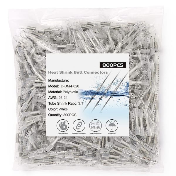 800-Pack 26-22 AWG White Heat Shrink Butt Connectors, Tinned Copper ...