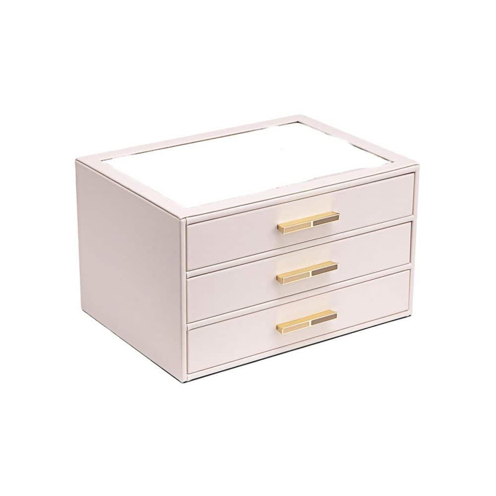 Pink Jewelry Box Glass Lid Jewelry Organizer with 3 Drawers for ...