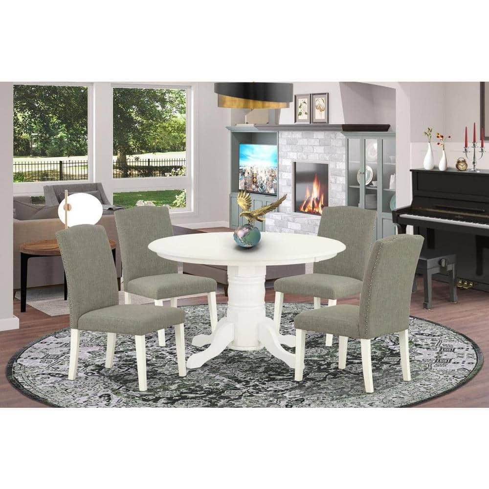 East West Furniture 5-Piece Round Linen White Finish Solid Wood Top ...