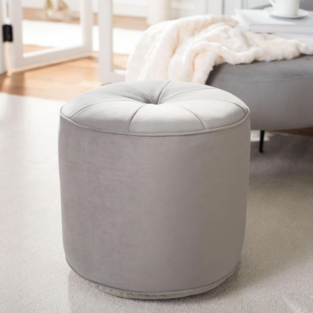 SAFAVIEH Hawkem Light Grey Velvet Round Accent Ottoman OTT4502B - The ...
