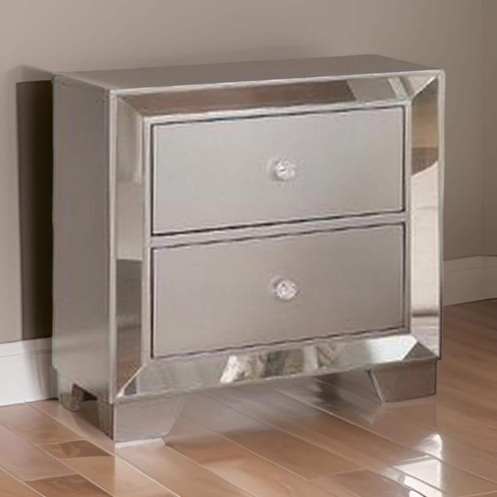 Benjara Silver 2 Drawer Nightstand with Mirrored Trim and Wood Frame ...
