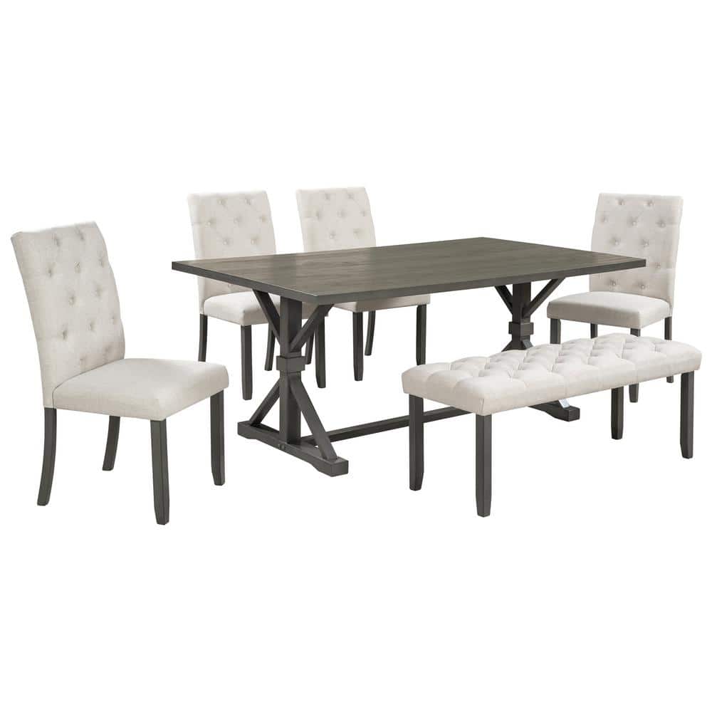 Polibi 6-Piece Farmhouse Gray Wood Top Dining Room Set Seats 5 RS-96173 ...