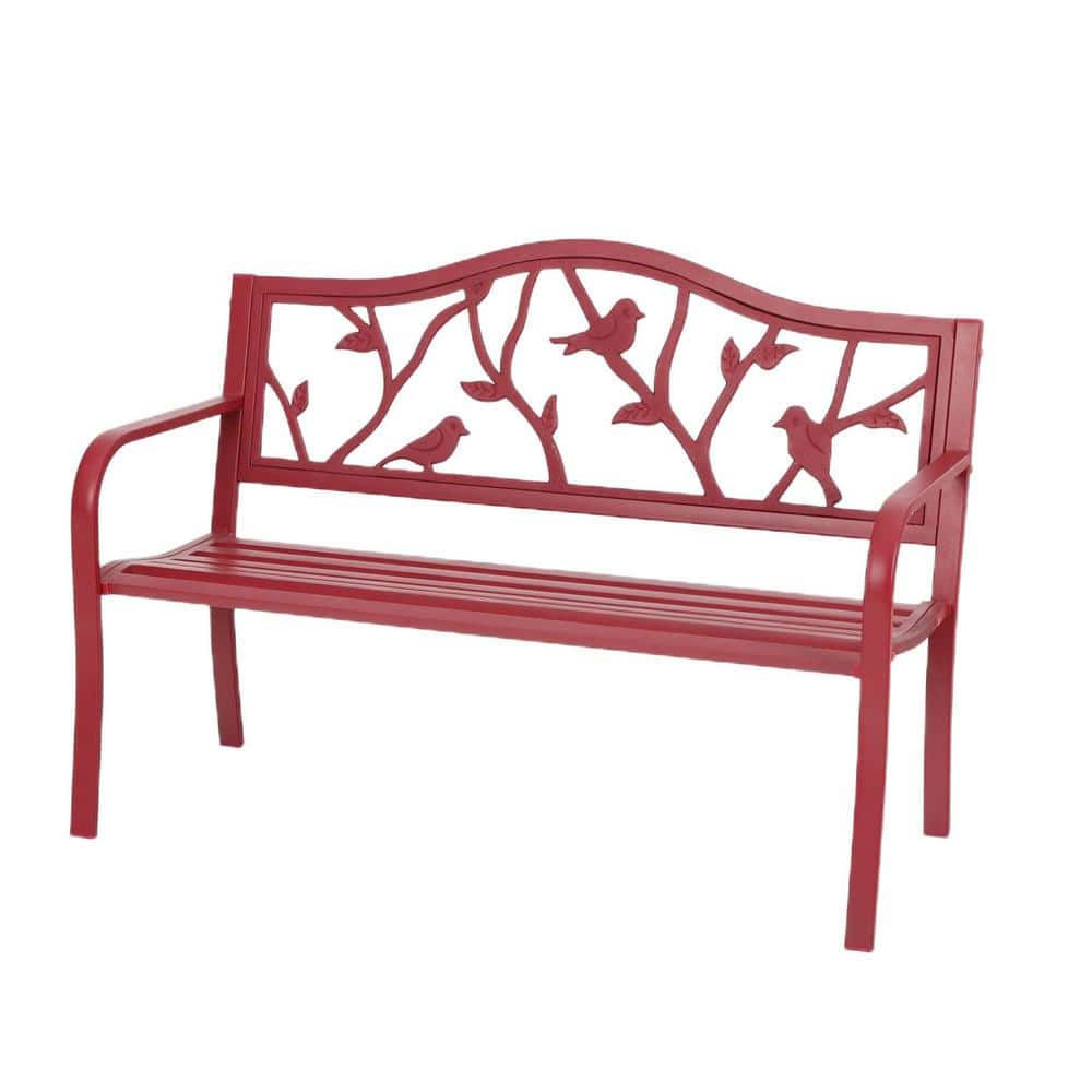 Afoxsos 50 in. Outdoor Metal Patio Bench Garden Bench in Red with Bird ...