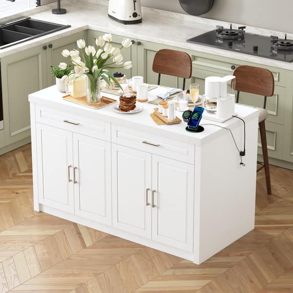 Homsee White Finish Wood Top 61 in. Kitchen Island with Adjustable ...