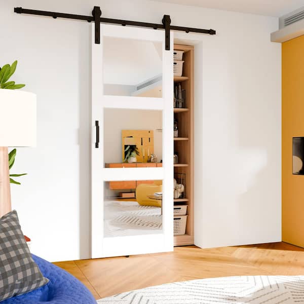TENONER 30 in. x 80 in. 3-Lite Mirrored Glass Panel White Primed Pine ...