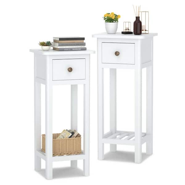 2 Tier Slim Nightstand Bedside Table with Drawer Shelf White Costway