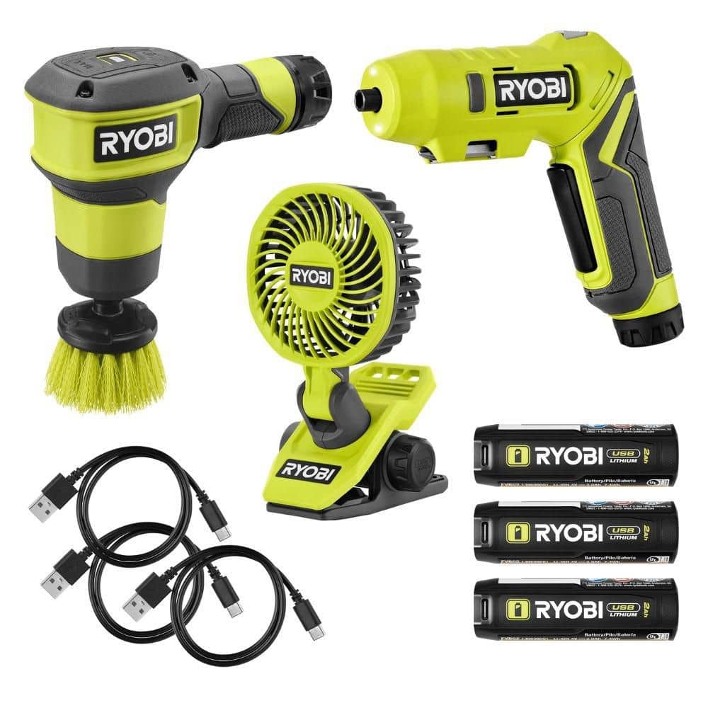 RYOBI USB Lithium Cordless 3-Tool Combo Kit with Scrubber, Screwdriver ...