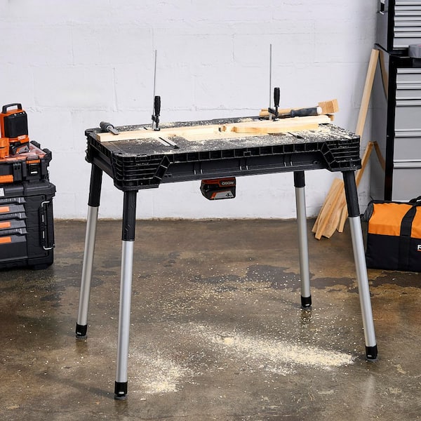 RIDGID 22 in. W x 34.6 in. D Portable Work Table with Plastic Top and ...