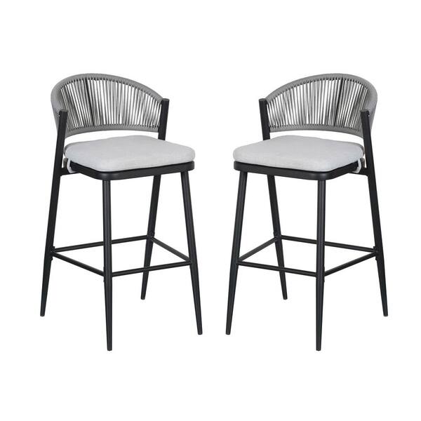 2-Piece Black Aluminum Outdoor Bar Stools w/ Gray Water-Resistant ...