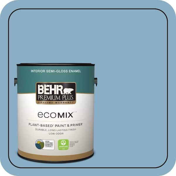 BEHR PREMIUM PLUS 1 gal. #S500-4 Chilly Blue Semi-Gloss Enamel EcoMix ...