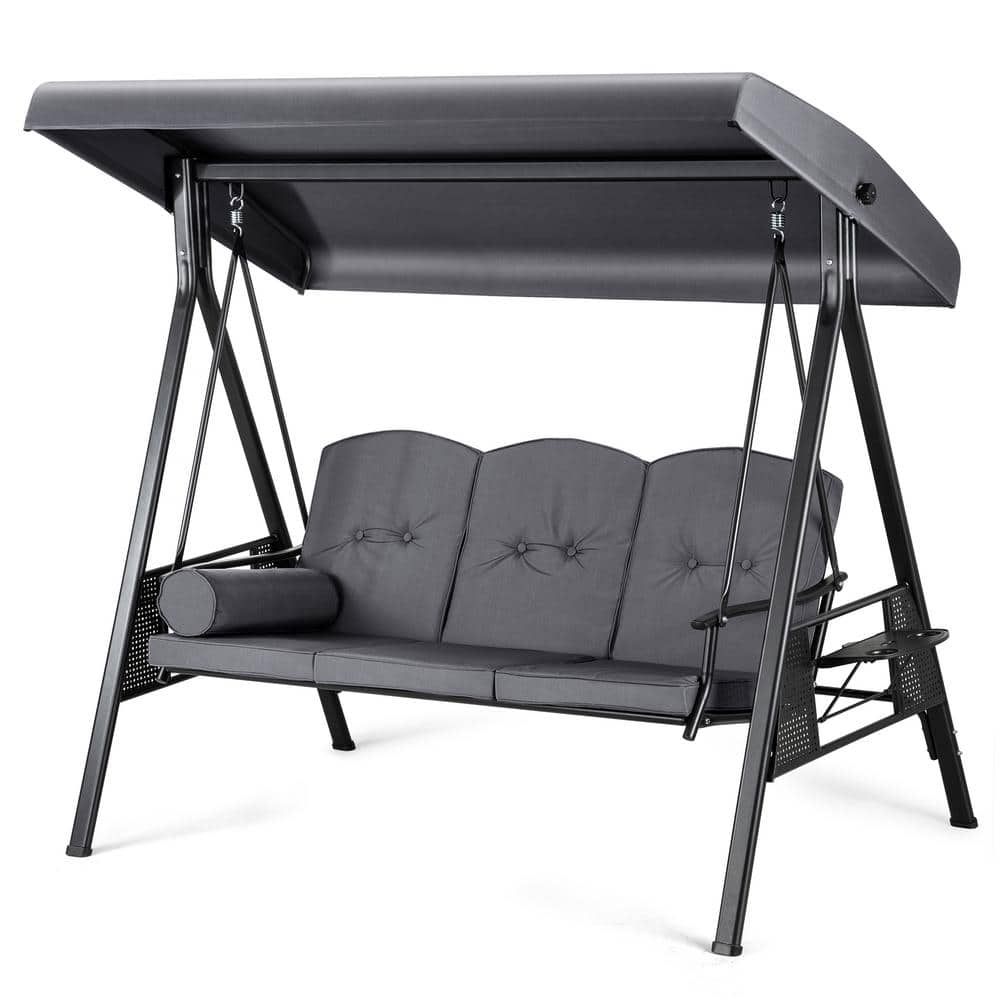 PamaPic 3-Person Gray Metal Patio Swing with Canopy and Cushions QQY ...