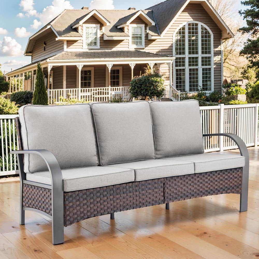 Pocassy Iron Bend Series 3-Seat Brown Wicker Outdoor Patio Sofa Couch ...