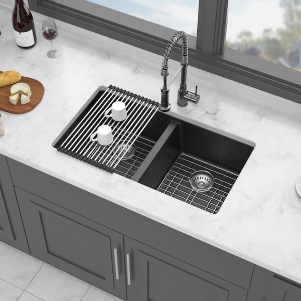 Staykiwi 33 in. Undermount Double Bowl Black Quartz Kitchen Sink with ...