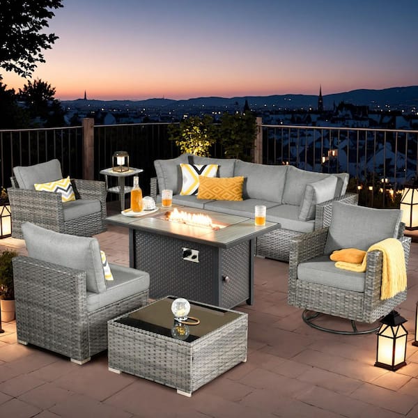 XIZZI Clove 9 Pieces Wicker Outdoor Patio Rectangular Fire Pit Set and ...
