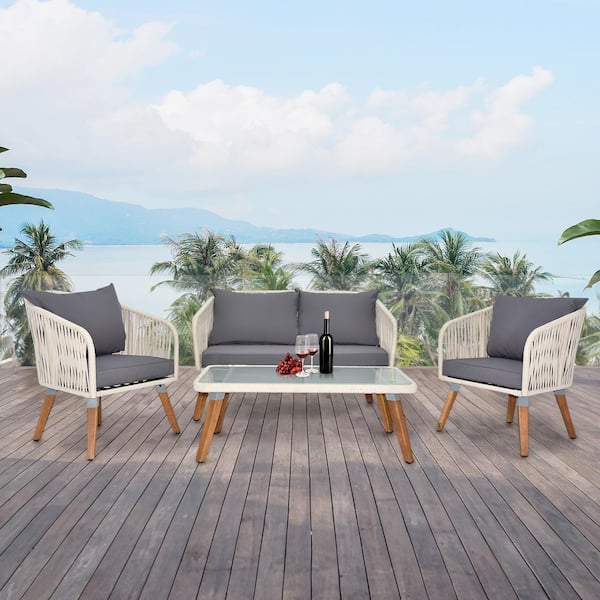 Karl home Rope Weaving 4-Piece Wood Outdoor Conversation Set with Grey ...