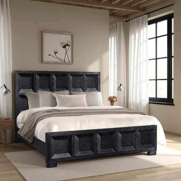 Benjara Kizie Weathered Black Wood Frame Queen Size Panel Bed with ...