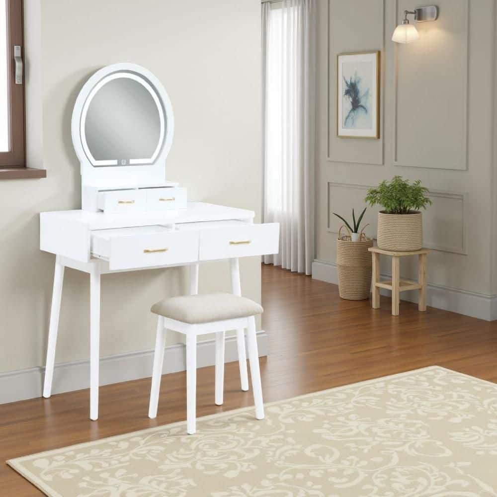 Benjara Anvy 2-Piece White Wood Makeup Vanity Set with 4 Drawers ...