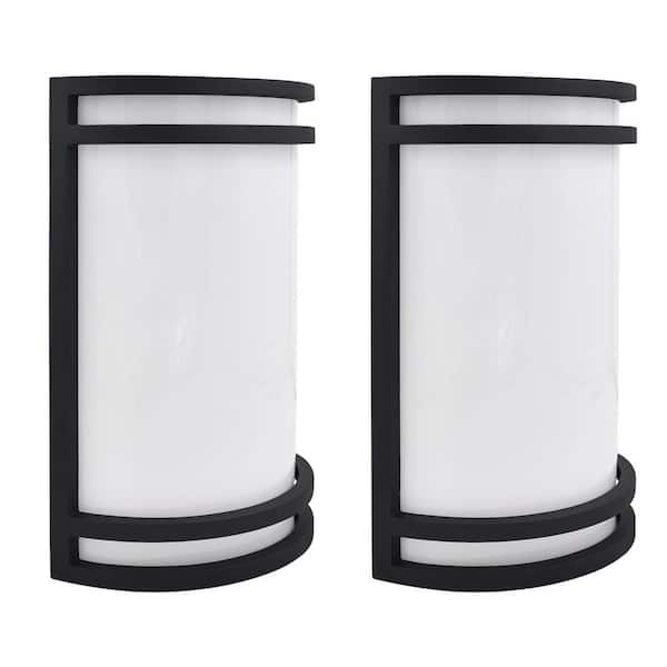 LUXRITE 10 in. Black Outdoor LED Wall Sconce Light Fixture 5CCT 2700K-5000K 15W Half Cylinder ...