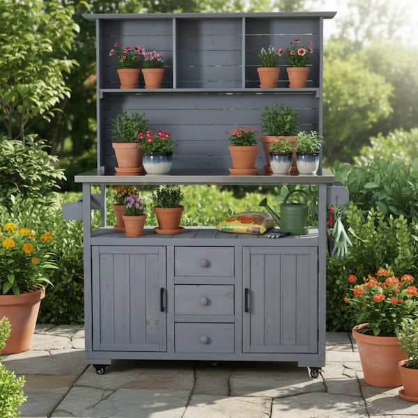 65 in. H Gray Wood Potting Bench with Lockable Wheels and Stainless ...