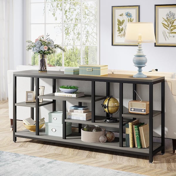 BYBLIGHT Turrella 71 in. Gray Rectangle Engineered Wood Console Table Extra Long Sofa Table Behind Couch with Storage Shelves BB JW0711XF