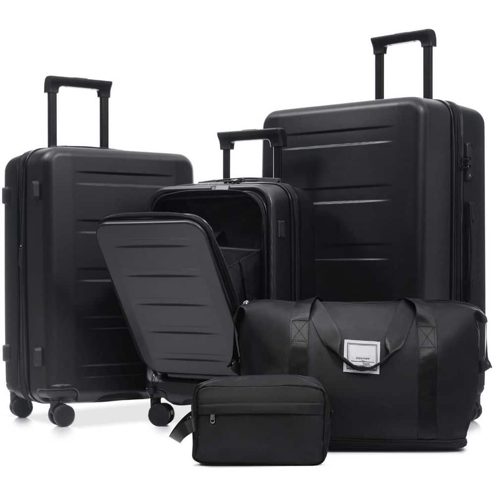 LIVACA 5-Piece Black ABS Plastic Hardside Expandable Luggage Set with ...