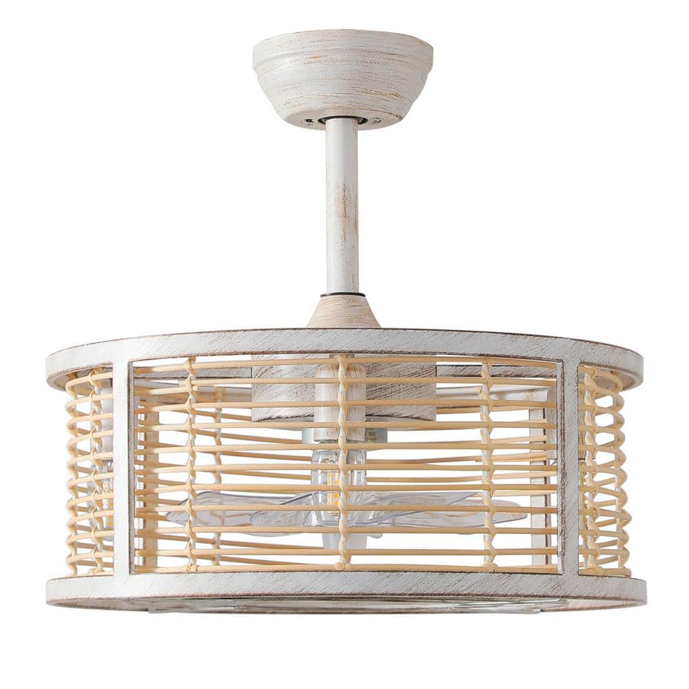 KAISITE 19 in. Indoor Rattan Rope 4-Light Boho White Caged Ceiling Fan ...