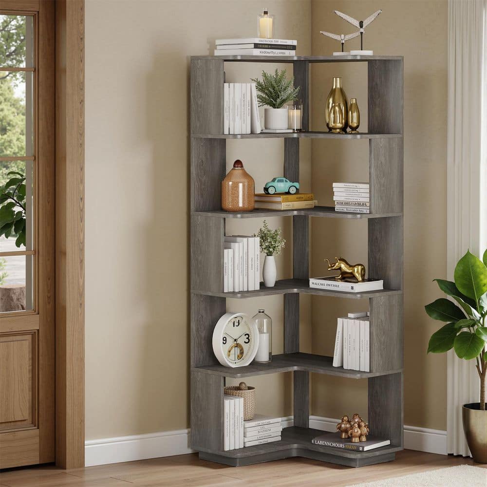 BYBLIGHT 65 in. Tall Dark Gray Engineered Wood 6-Shelf Corner Bookcase ...
