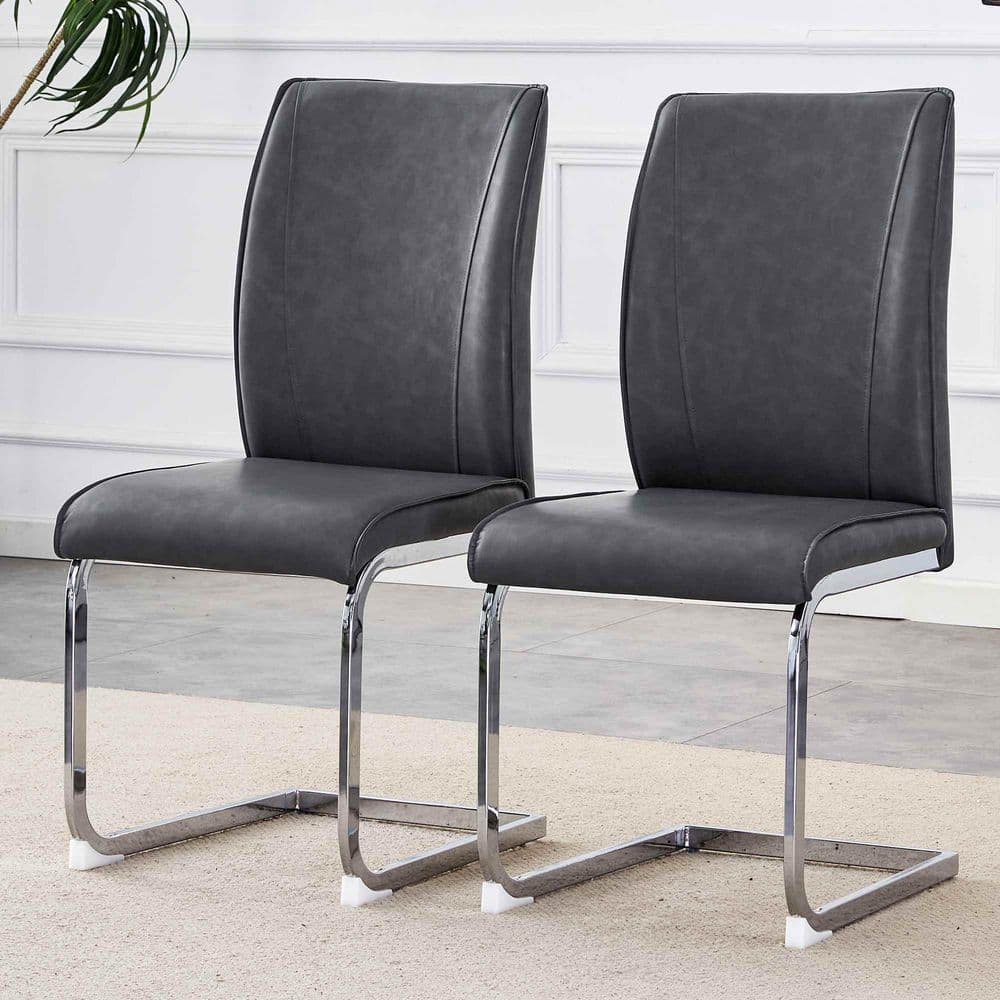 Polibi Dark Gray,Silver PU Leather Metal Frame Dining Chairs Set of 2 ...