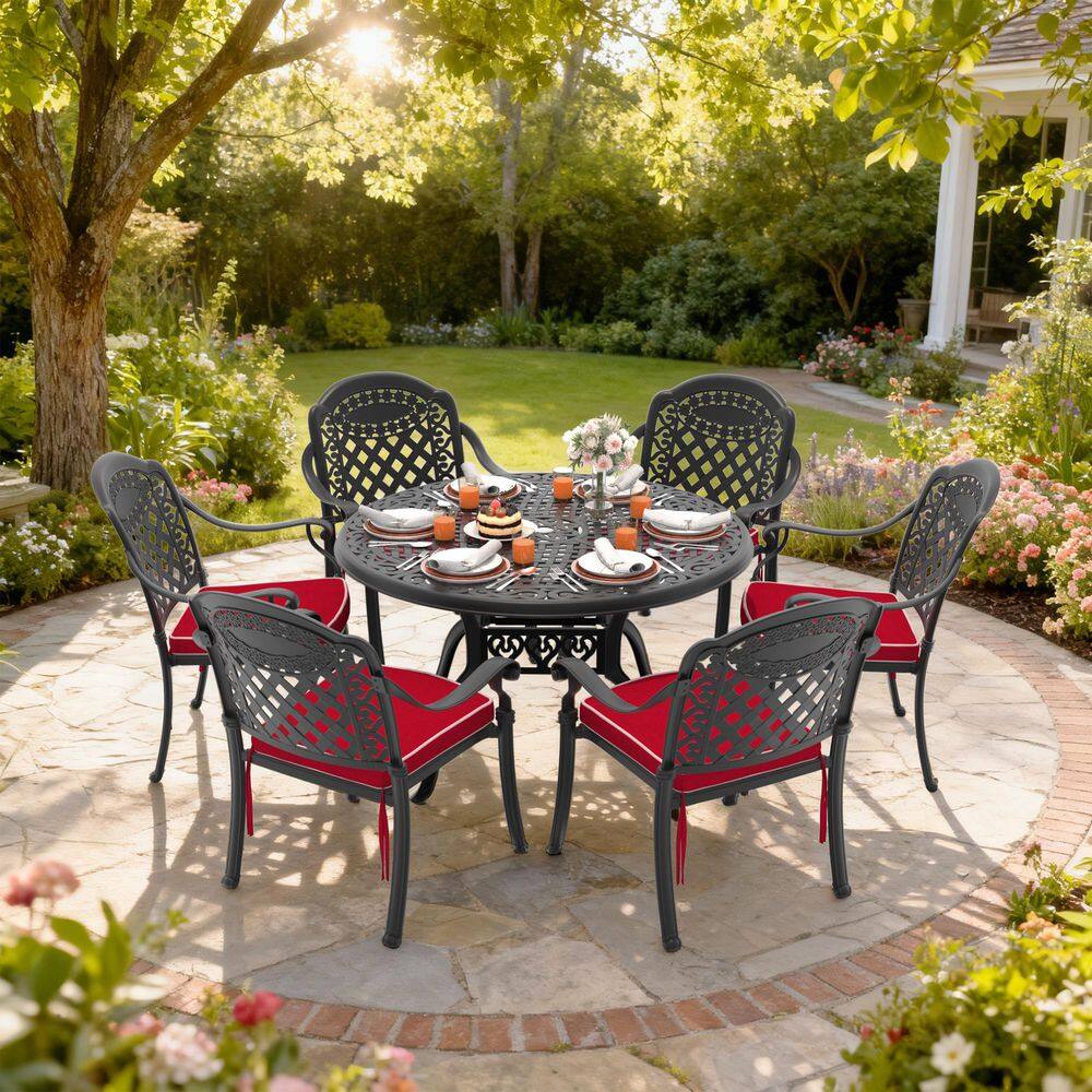 Willit Isabella Black 7-Piece Cast Aluminum Outdoor Dining Set, 48.03 ...