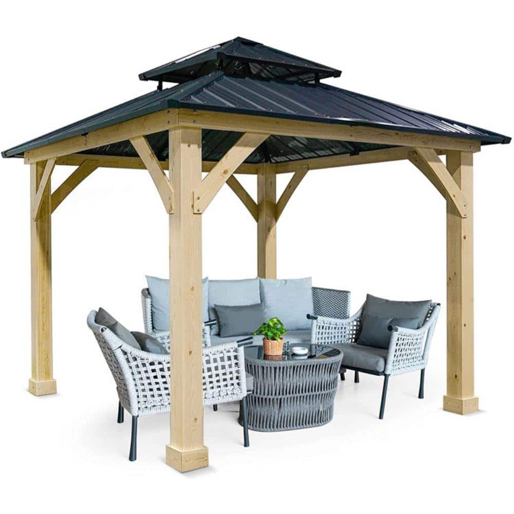 Clihome 10 ft. x 10 ft. Patio Pine Wood Hardtop Gazebo with Double ...