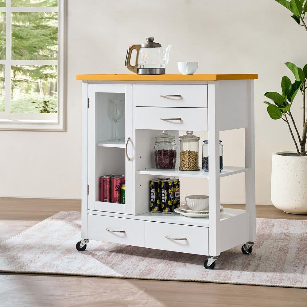 Noble House Carmina White Oak Wood Kitchen Cart with Glass Door, 4 ...