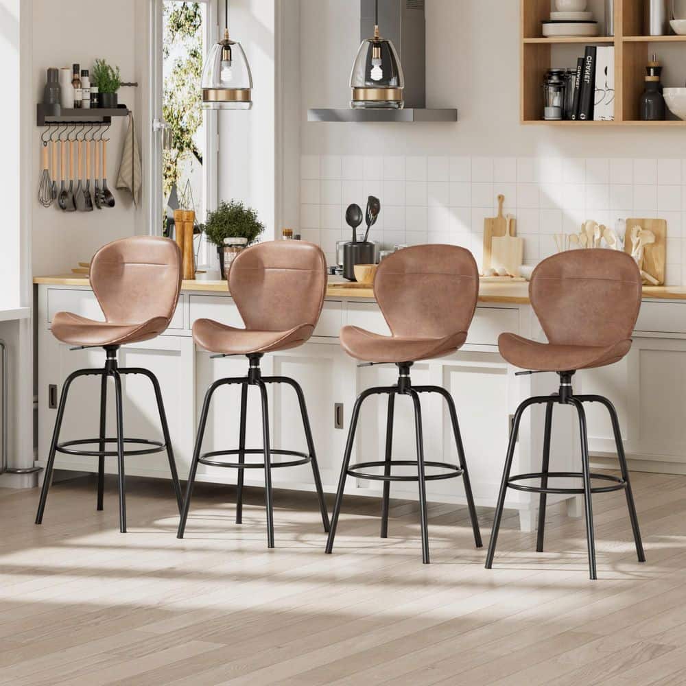 VECELO Swivel Bar Stools Set of 4,45.3 in. Brown Faux Leather Metal Bar ...