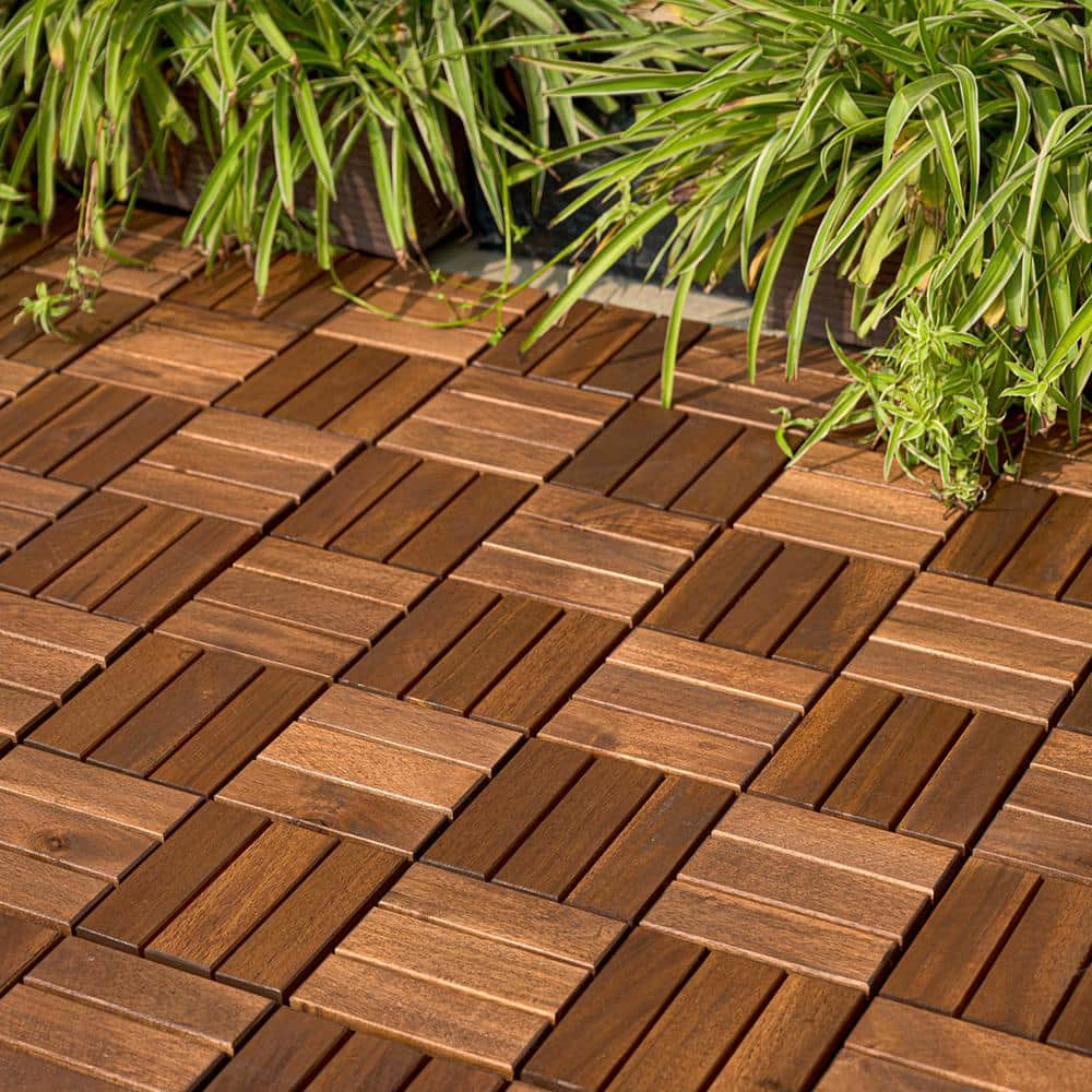 GOGEXX 12 in. x 12 in. Checker Pattern Acacia Wood Interlocking ...