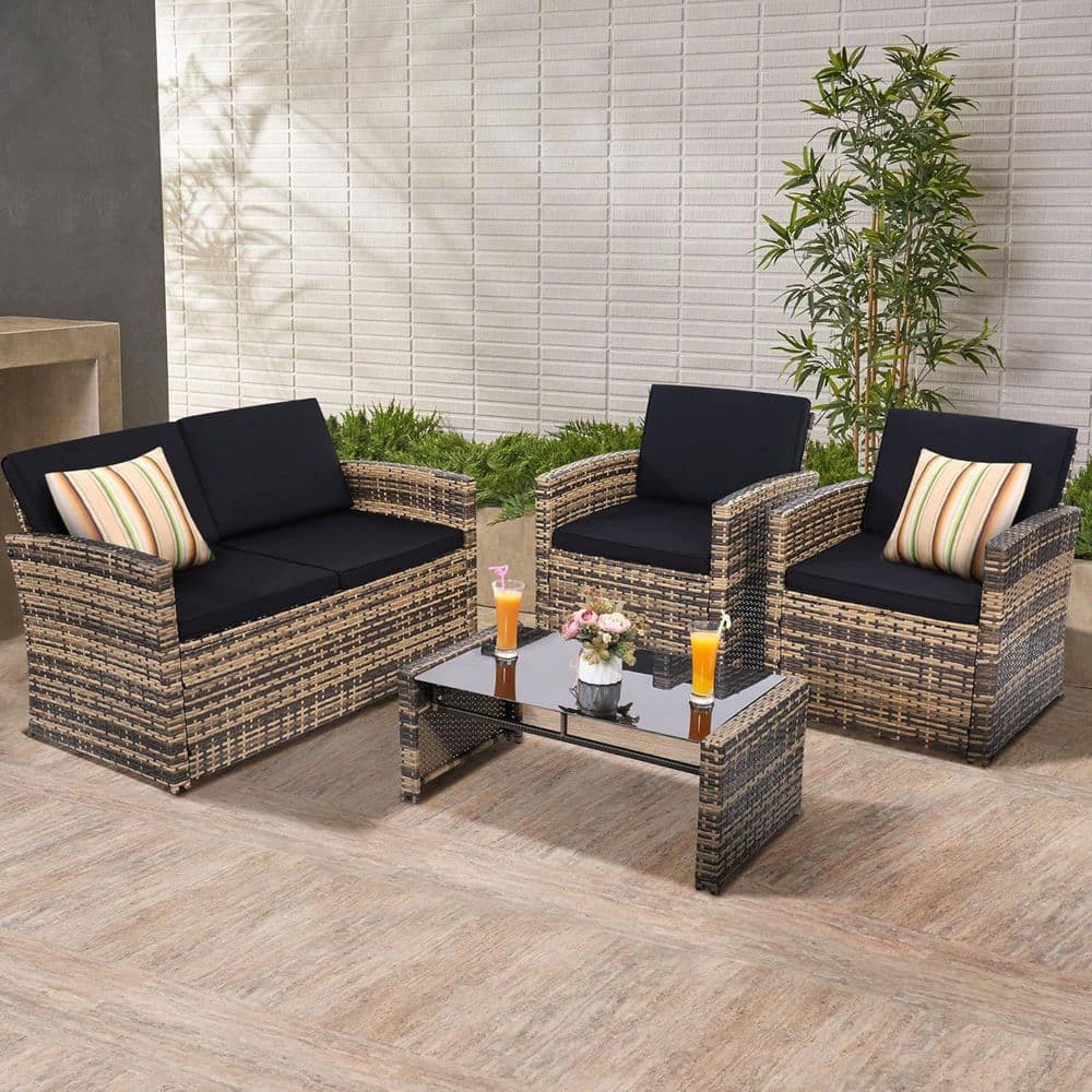 4-Piece Brown Wicker Courtyard Patio Conversation Furniture Set with ...