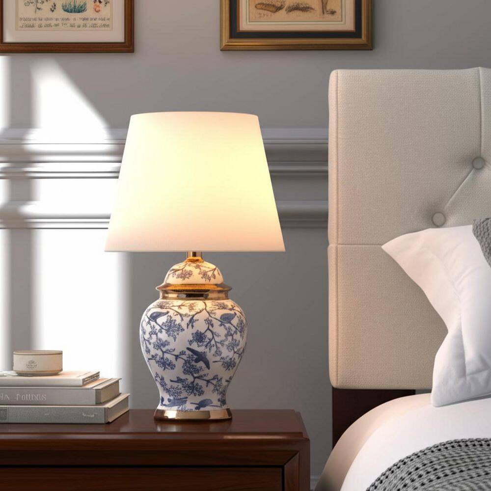 Liv & Skye 19 in. Blue Ceramic Chinoiserie Birds Table Lamp with Beige ...