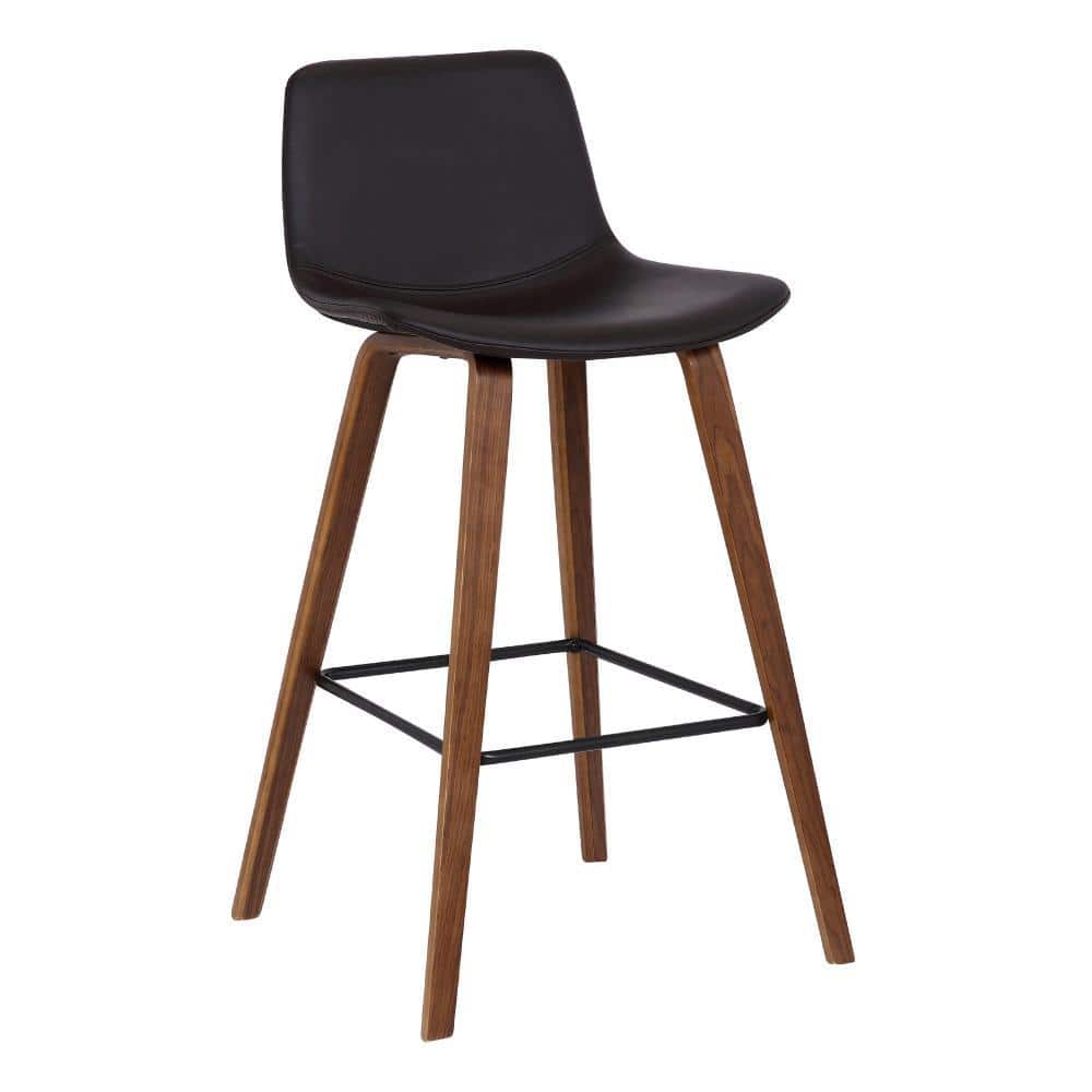 Benjara 25.5 in. Brown Low Back Wooden Frame Bar Stool with Leather ...