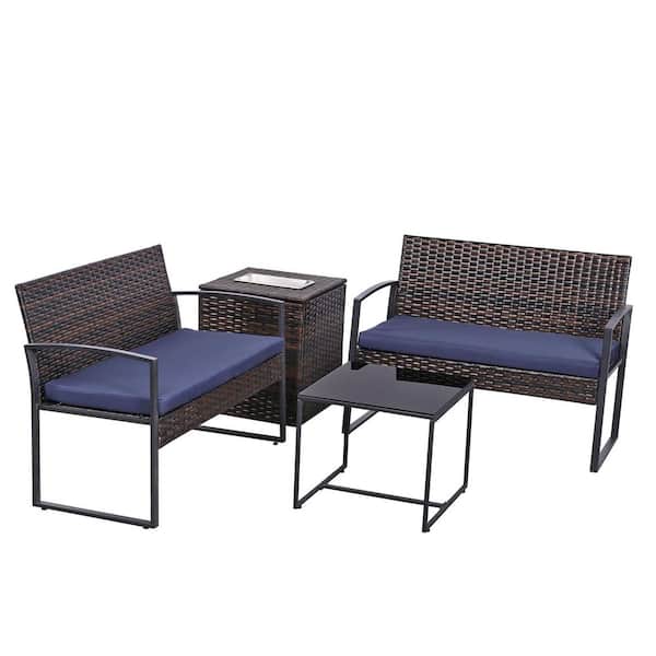 Zeus & Ruta Brown Wicker Outdoor Sectional Lounge Chair with Blue ...