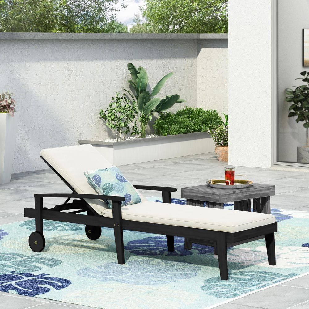 Black Acacia Wood Outdoor Chaise Lounge Chair with Water-Resistant ...