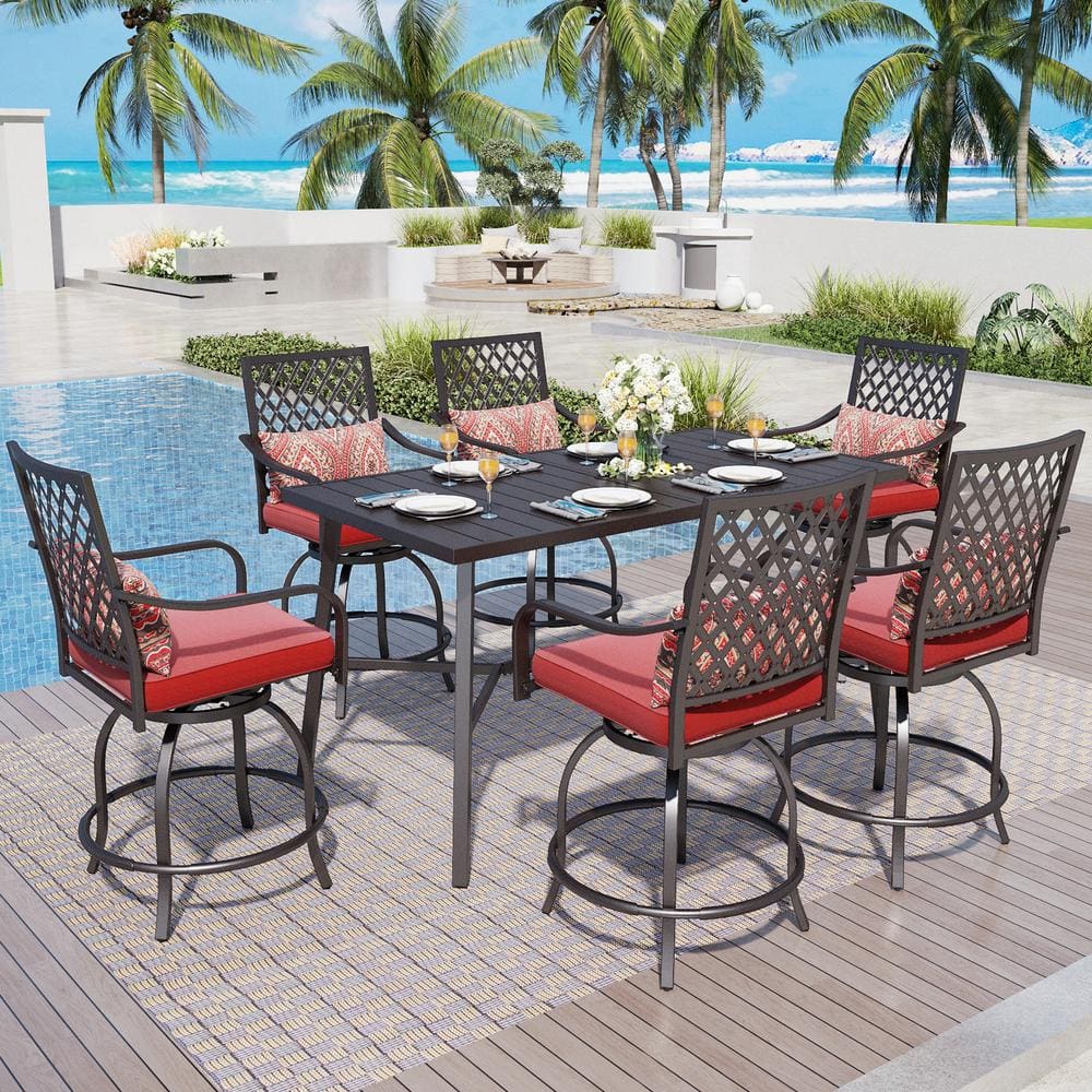 PHI VILLA 7-Piece Metal Rectangle Bar Height Outdoor Dining Set with ...