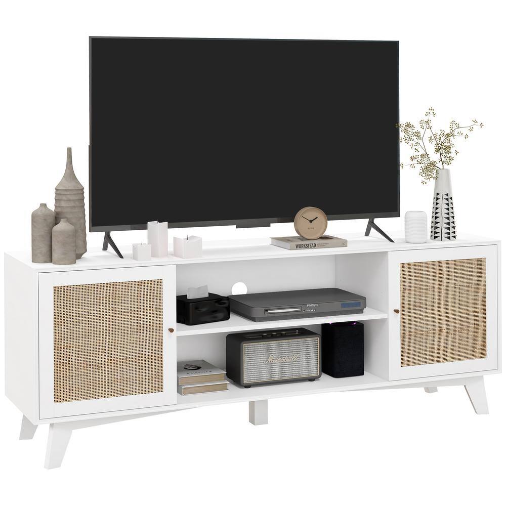 HOMCOM White Boho TV Stand for 65 in. TVs, TV Console Table with Rattan ...