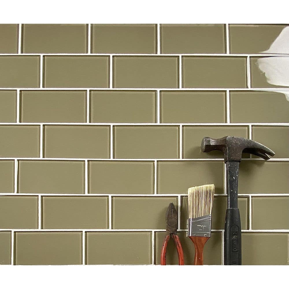 ABOLOS Modern Olive Brown 3 in. x 6 in. Glossy Glass Subway Wall Tile ...