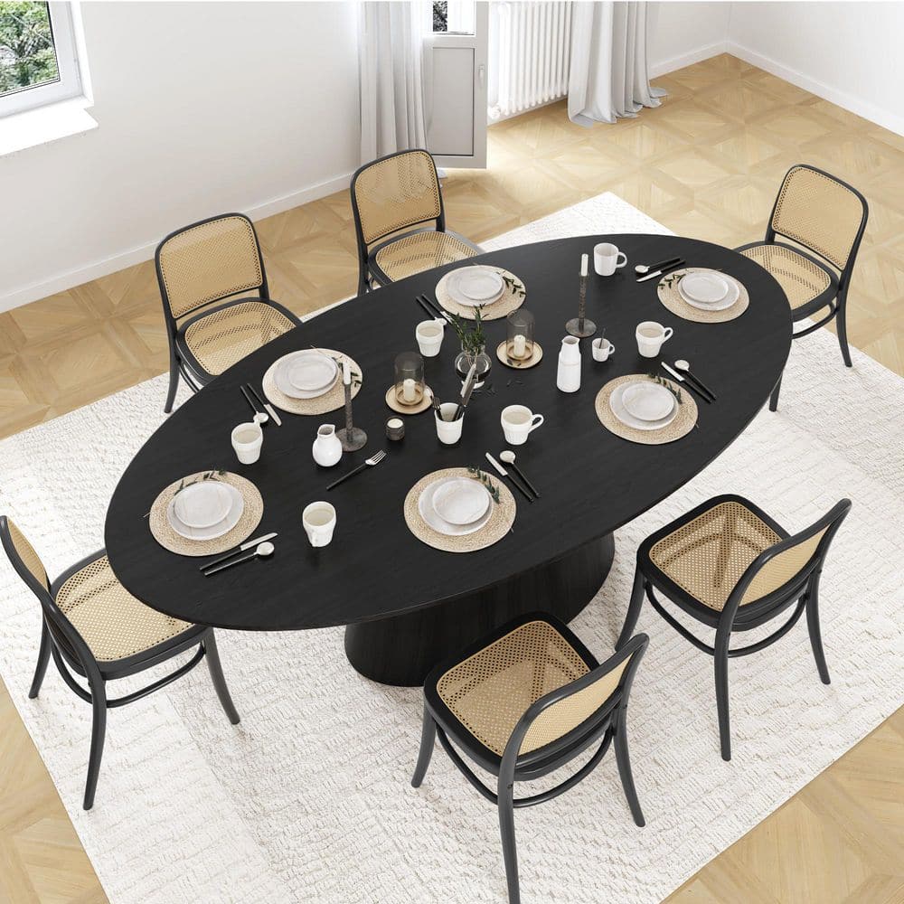 Dovelina Oval Black Wooden Solid Wood 72 in. Wood Pedestal Base Dining Table Seats 8 HD0104 ...